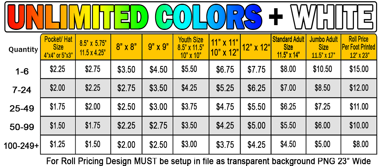Direct To Film DTF Heat Transfer Price List